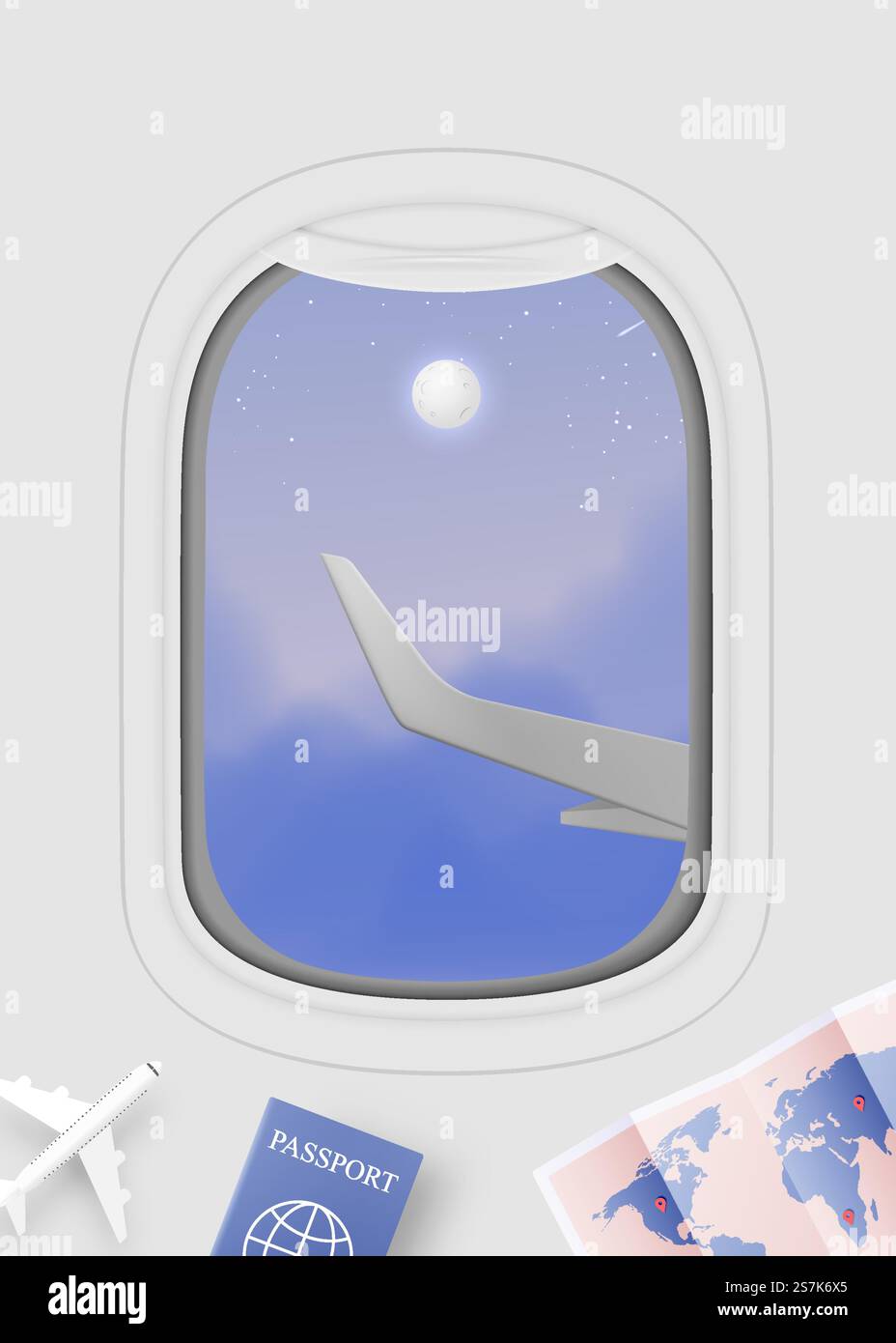 Airplane window view with beautiful night time sky background vector ...