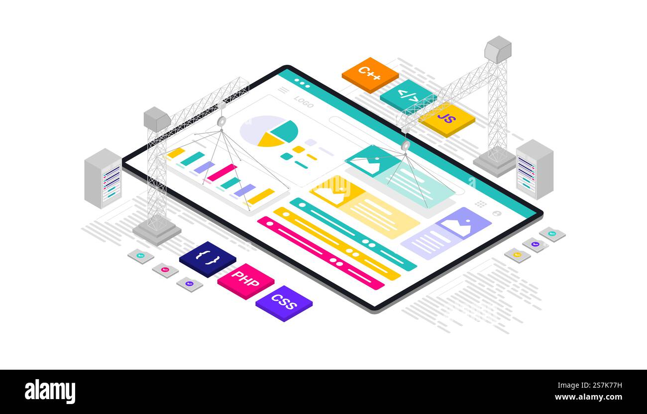 Under construction programming website dashboard development 3d isometric illustration Stock ...
