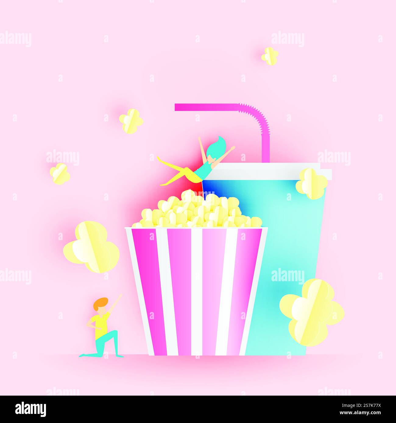 Popcorn and soft drink in paper art style vector illustration Stock ...
