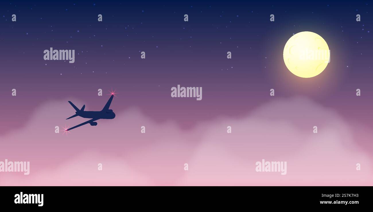 Airplane window view with beautiful night time sky and stars background ...