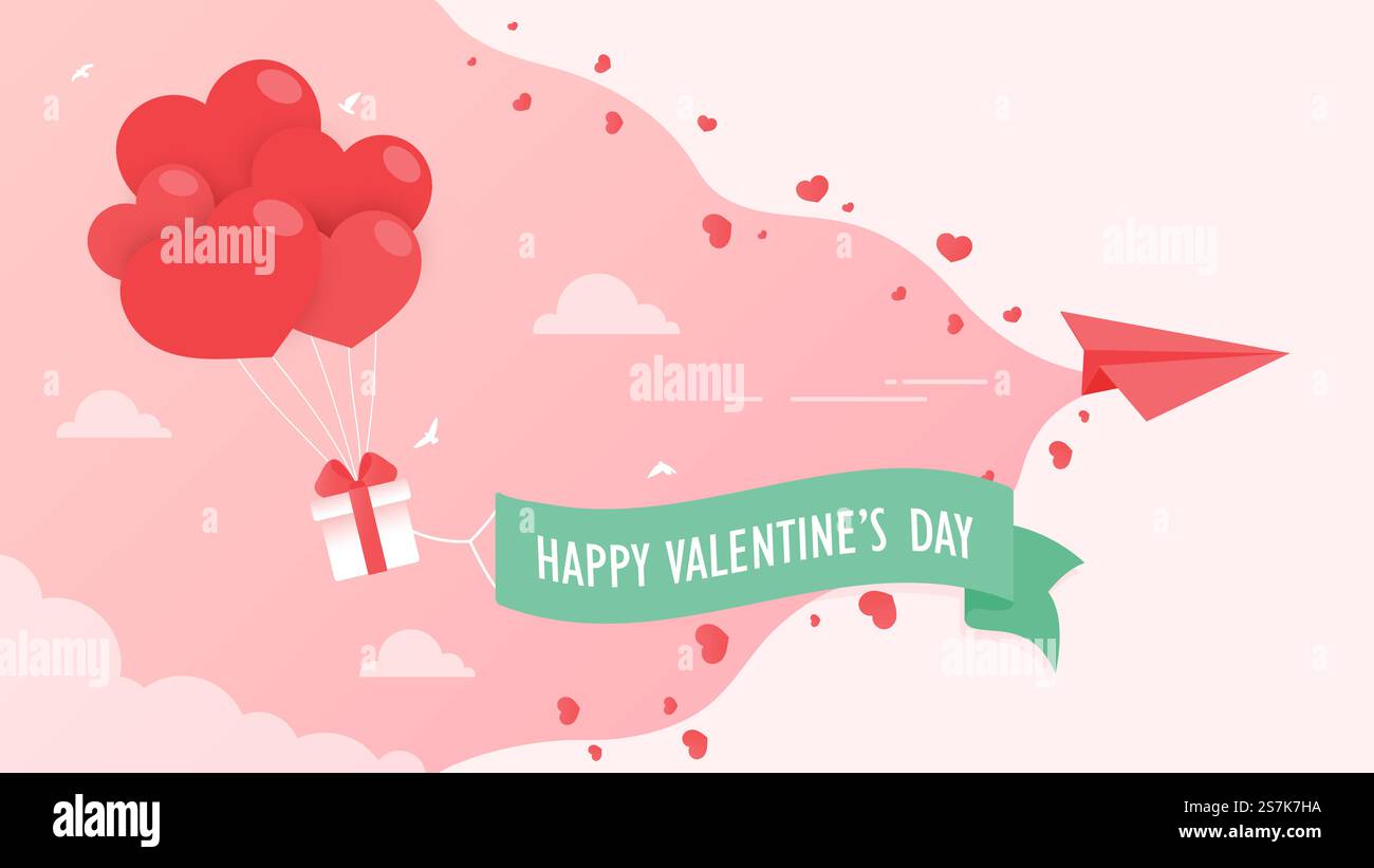 Balloons tie gift boxes floating in the sky to sprinkle red hearts of ...