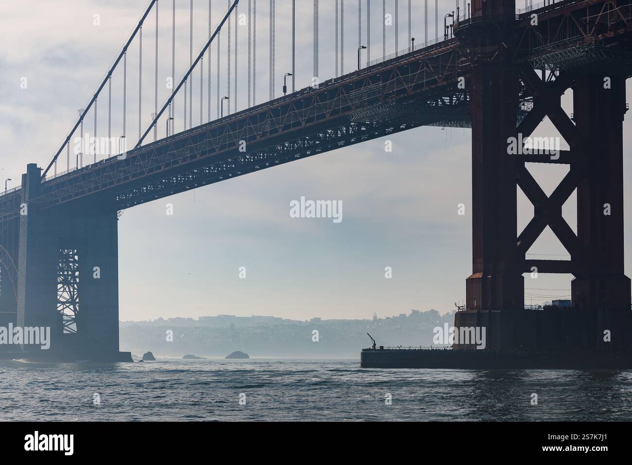Close up architectural view of the bride span and south tower of Golden ...