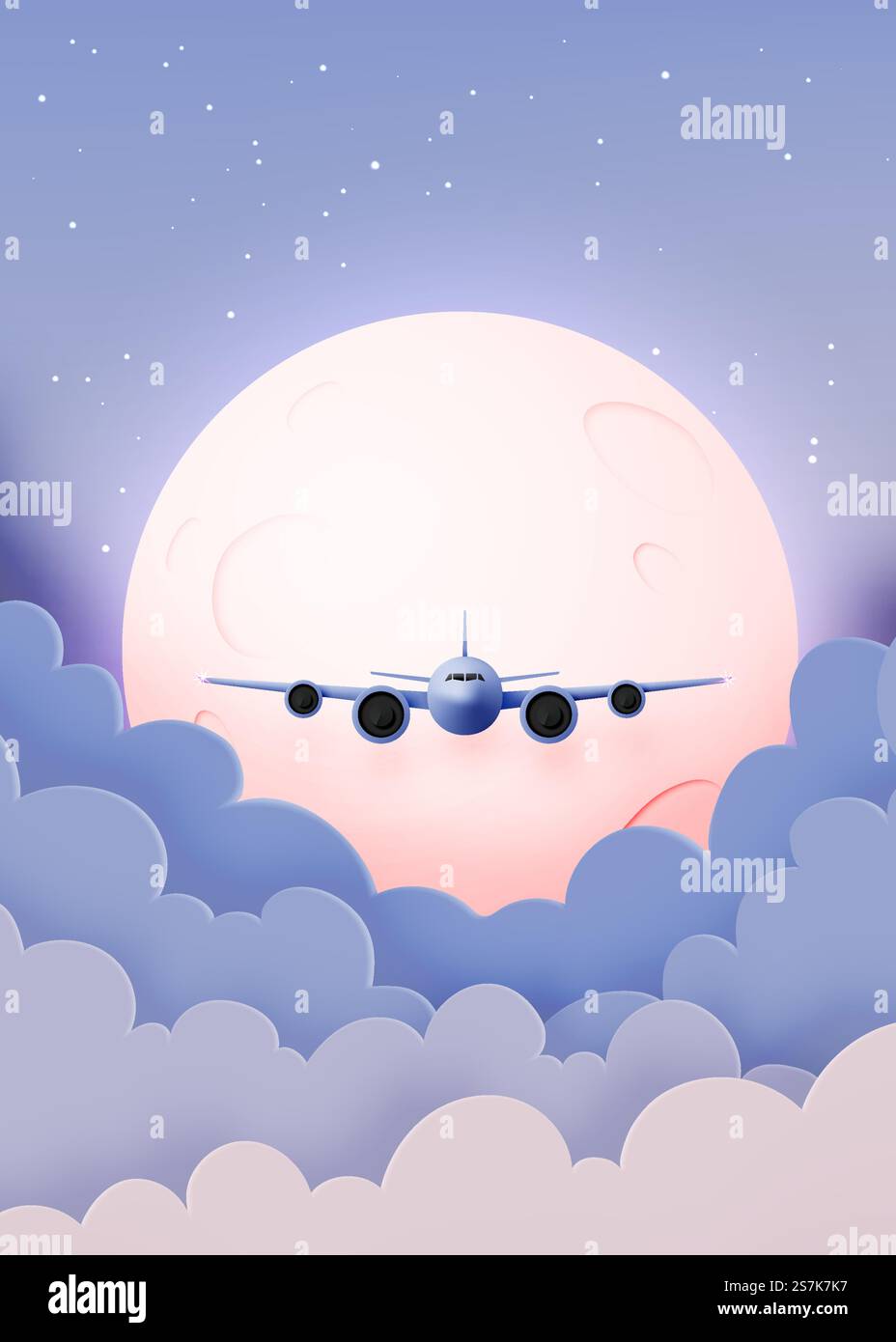 Airplane window view with beautiful night time sky and stars background vector illustration ...