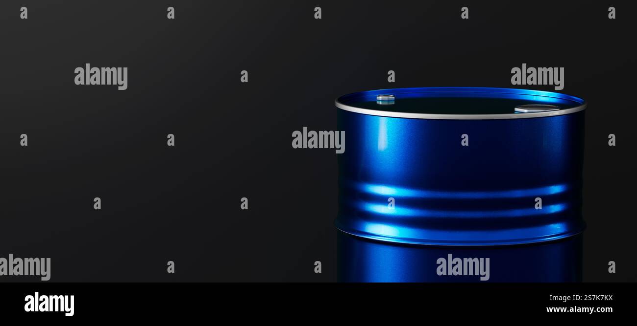 Closeup of blue metal oil barrel top on black background. Front view ...
