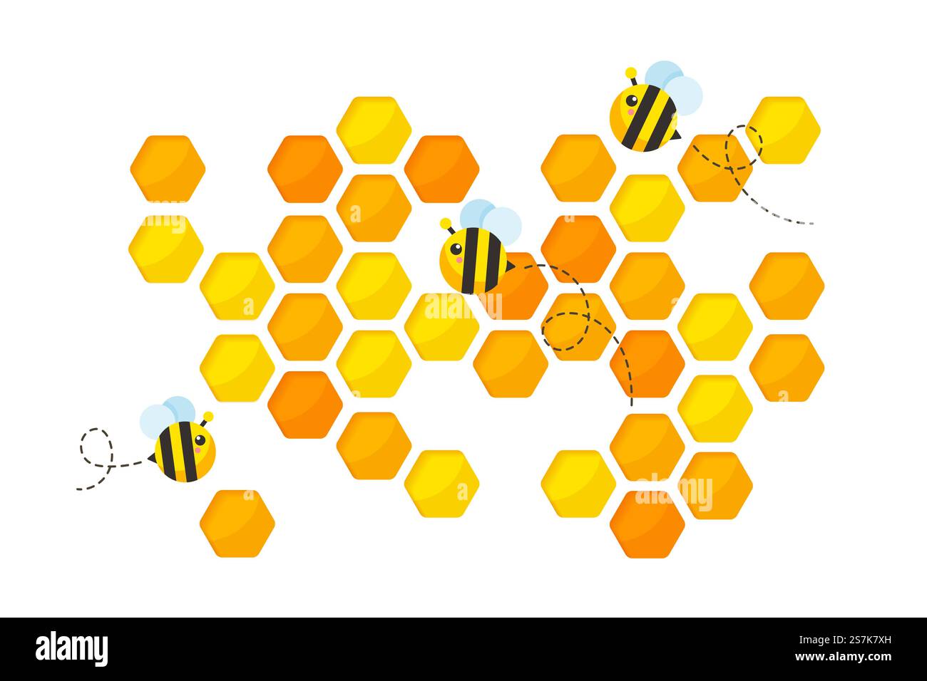 Hexagonal golden yellow honeycomb pattern paper cut background with bee and sweet honey inside ...