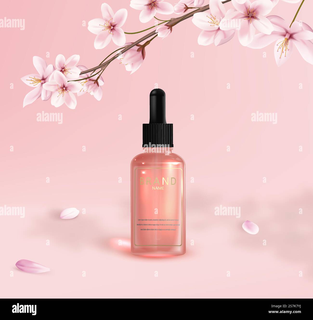 Realistic ad poster in pastel pink with essence glass bottle. Display ...