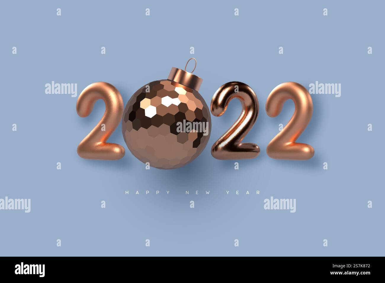 2022 New Year sign. 3d metallic golden or copper with blue numbers and glossy ball on blue ...