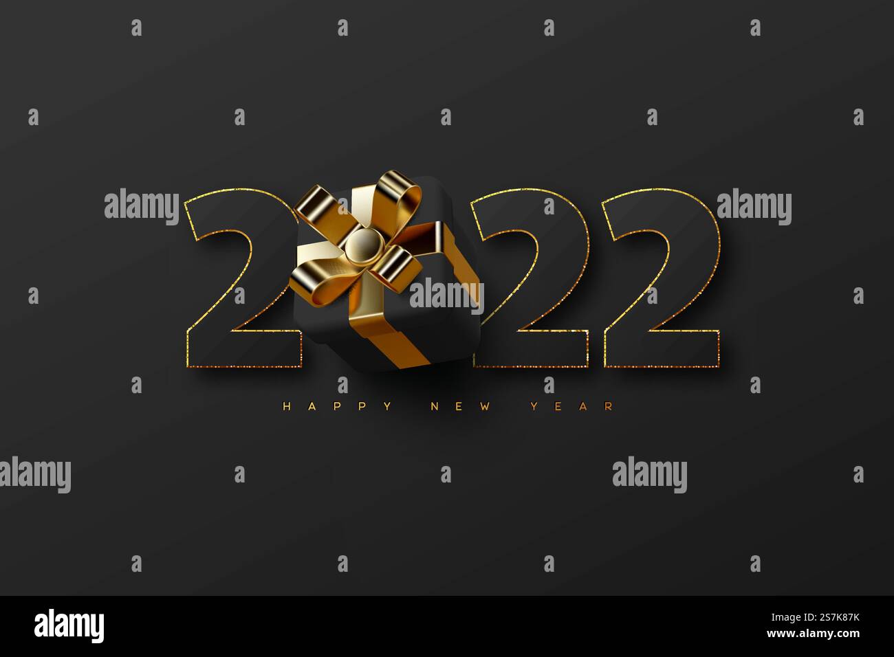 2022 New Year sign. 3d golden and black numbers with gift box on black background. Vector ...