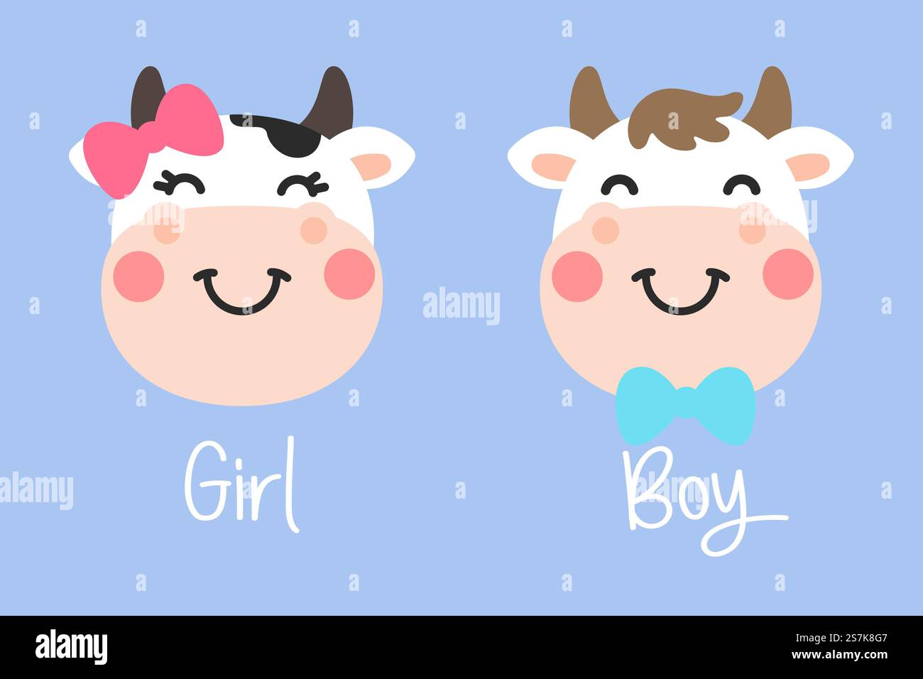 Vector cartoon cute cow face A bull and a female with a bow Separate ...