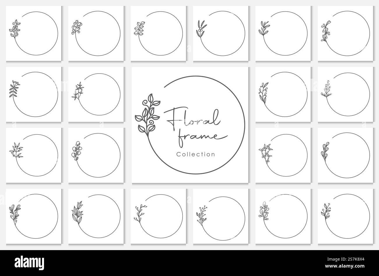 Hand Drawn Decorative Outlined Wreaths with Branches, floral round ...
