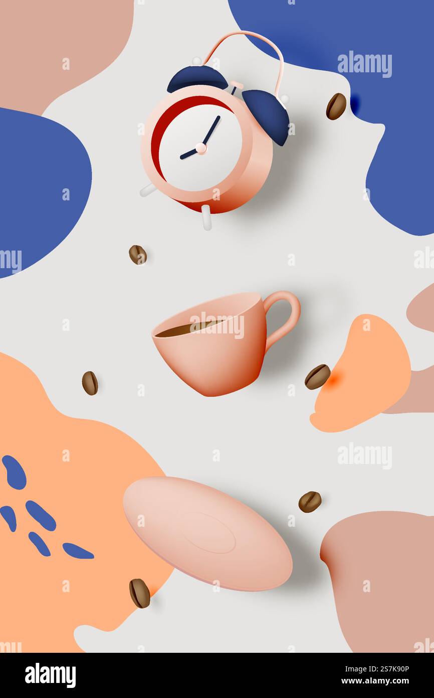 Coffee break background with coffee cup and alarm clock and pastel ...