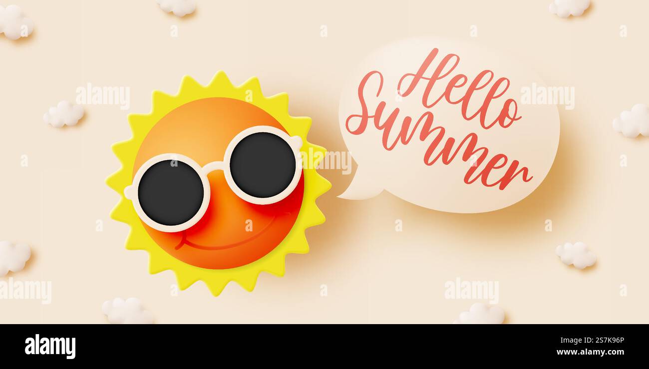 Hello summer with cute sunny and cloud in 3d paper art style background ...