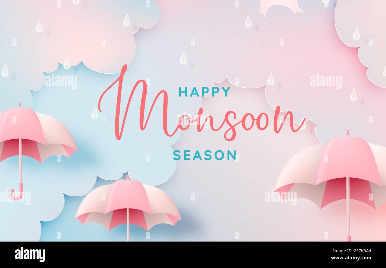 Cute umbrella for monsoon season with pastel color scheme and paper art ...