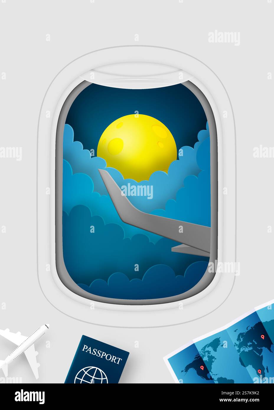 Airplane window view paper art with beautiful night time sky background ...
