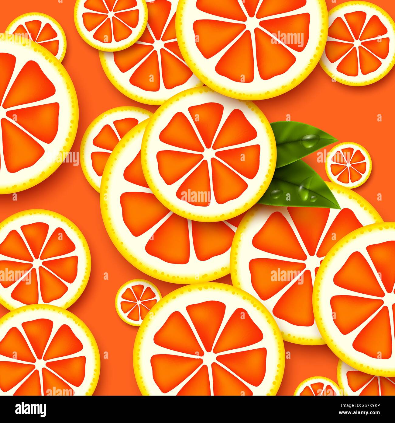 Grapefruit background. Sliced grapefruits pieces with leaves and water drop. Vector illustration ...