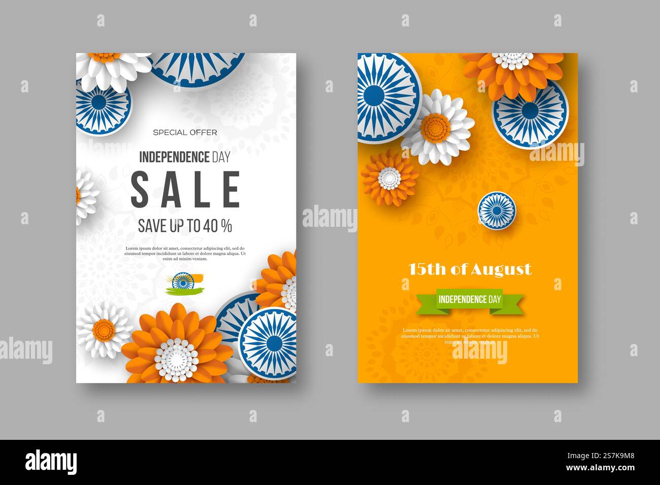 Indian Independence day sale posters. 3d wheels with flowers in ...