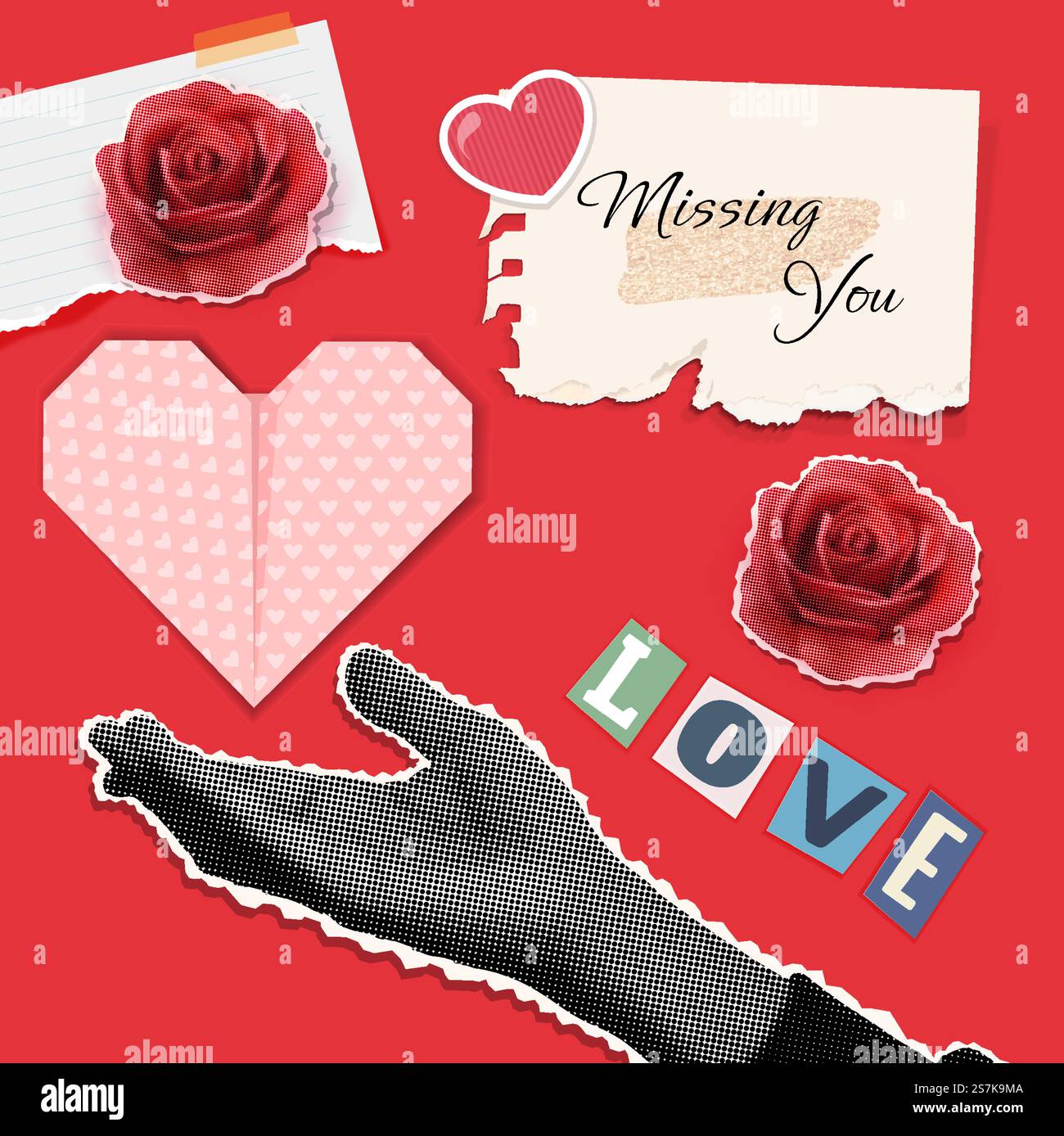 Collage Nostalgic love letter with heart elements. Vector illustrations ...