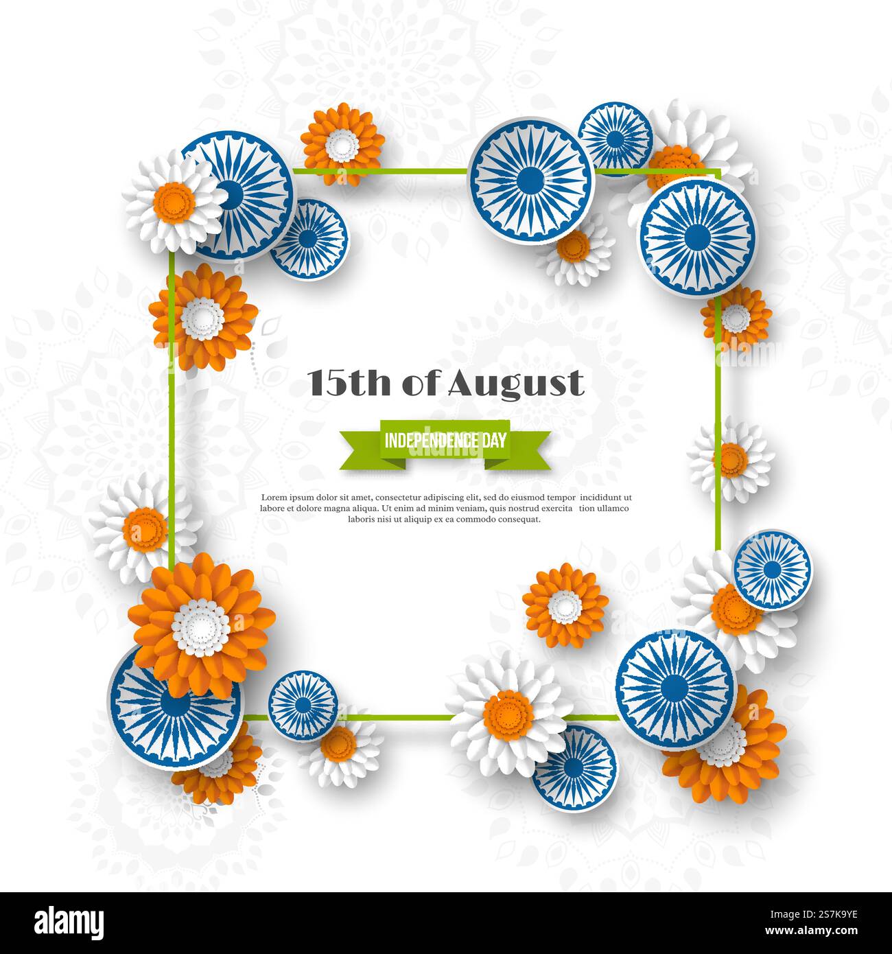 Indian Independence day holiday design. 3d wheels, frame and flowers in ...