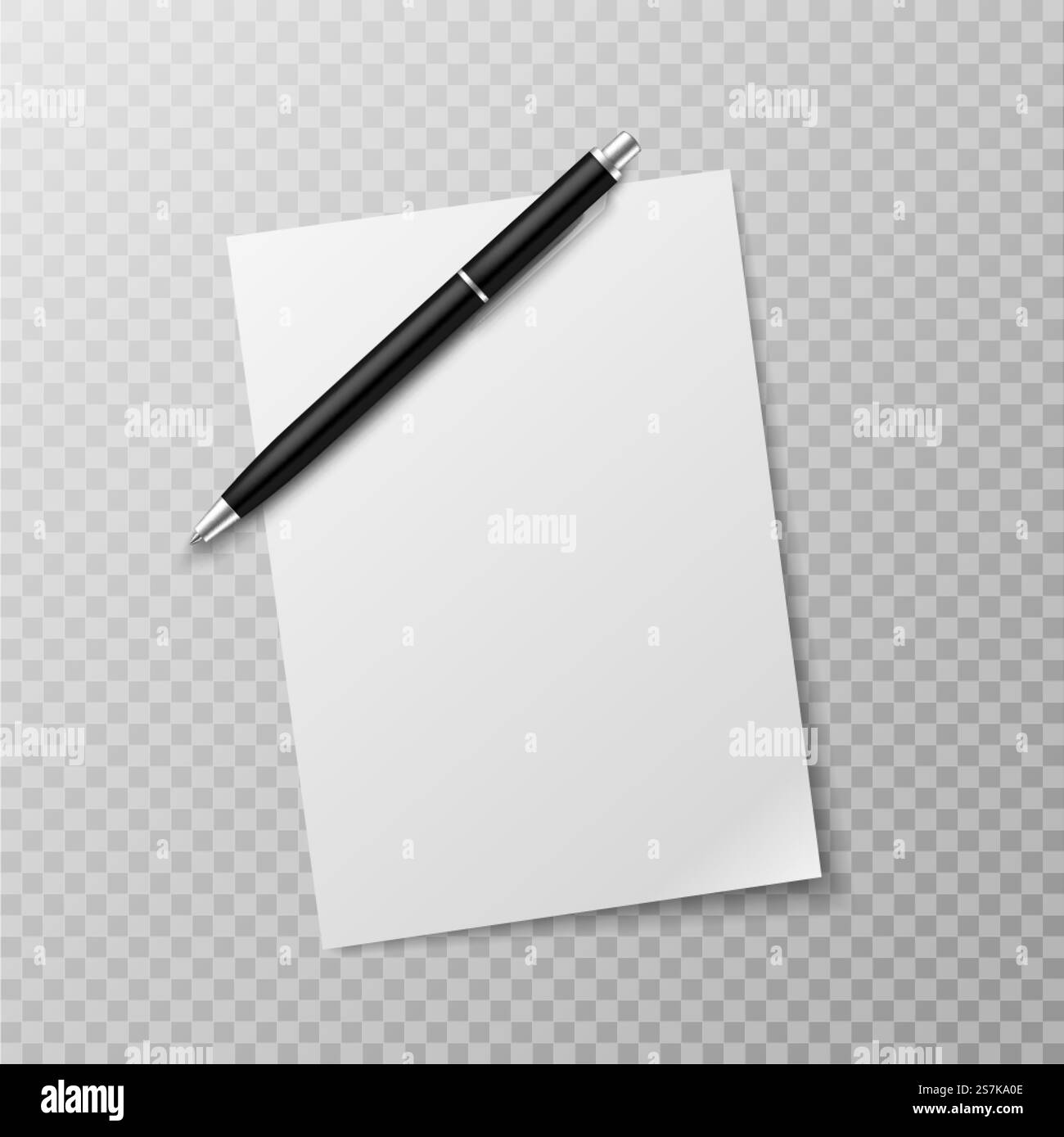 Pen and paper sheet. Blank white paper sheet and ballpoint pen top view ...