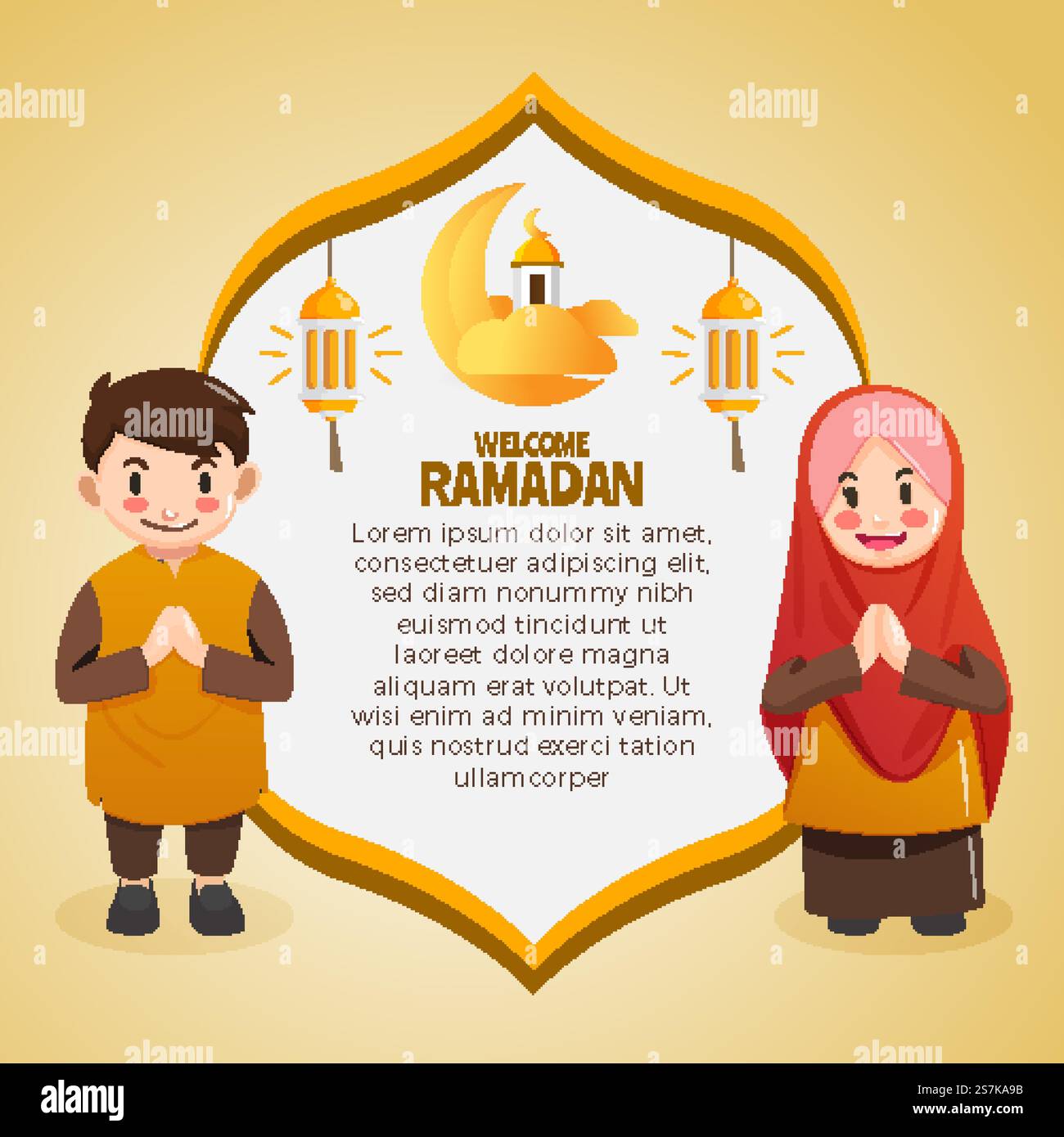 Greeting card ramadan with cute boy an girl muslim Stock Vector Image ...