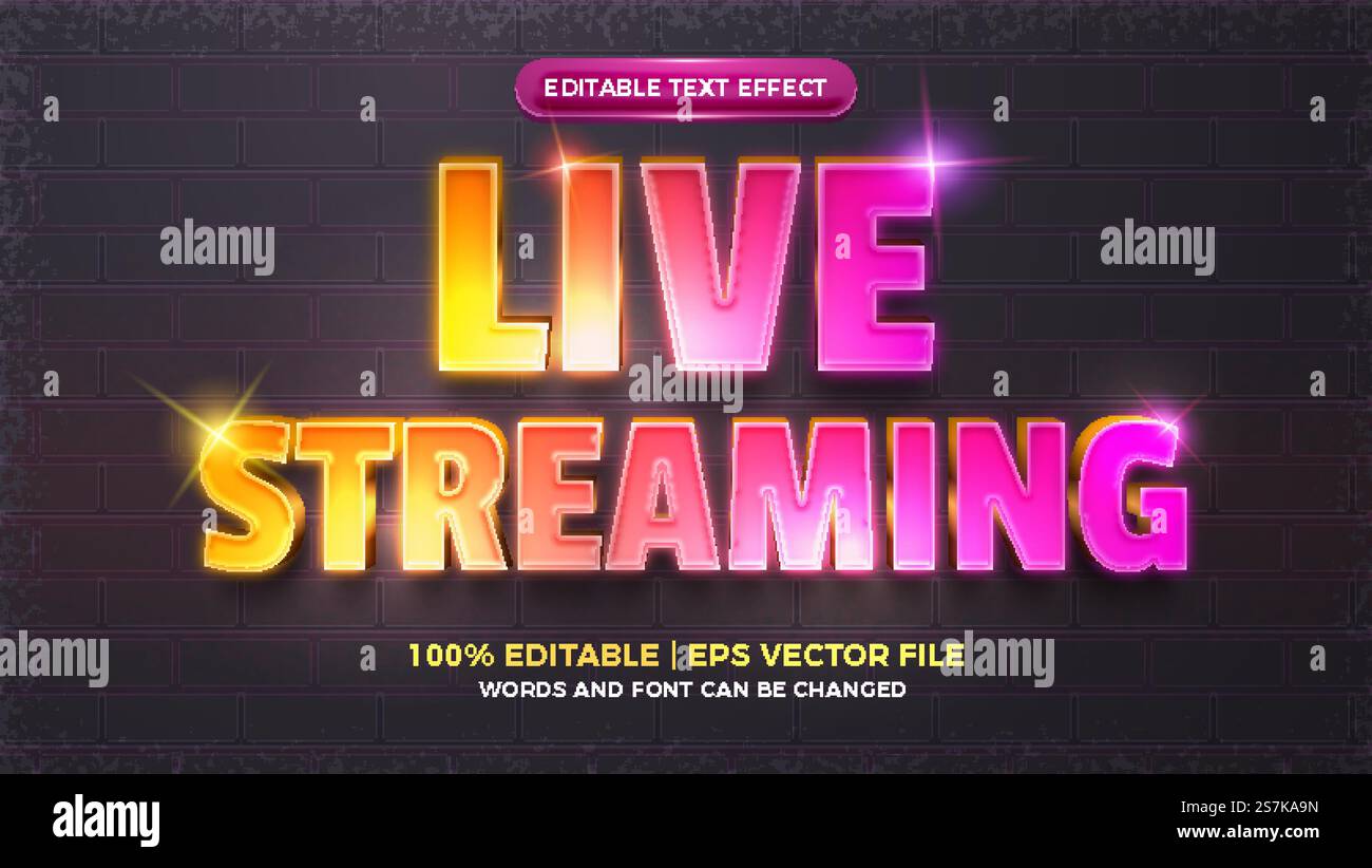 live streaming shiny glow 3d editable text effect Stock Vector Image ...