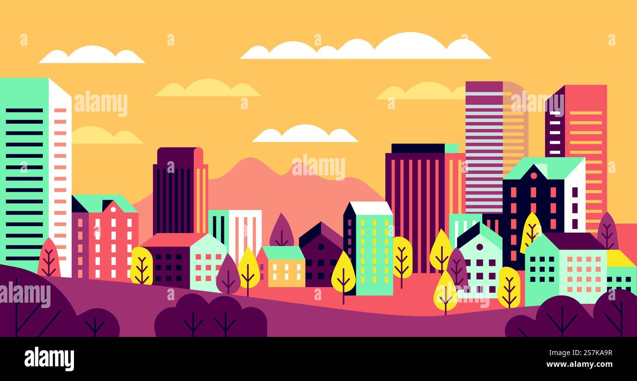 Autumn city landscape. Simple cityscape with buildings panorama. Cute ...