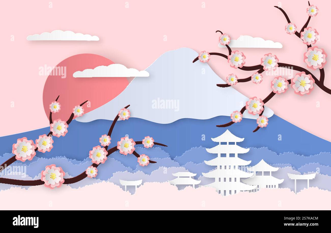 Paper sakura. Panorama landscape with japanese trees, garden flowers ...