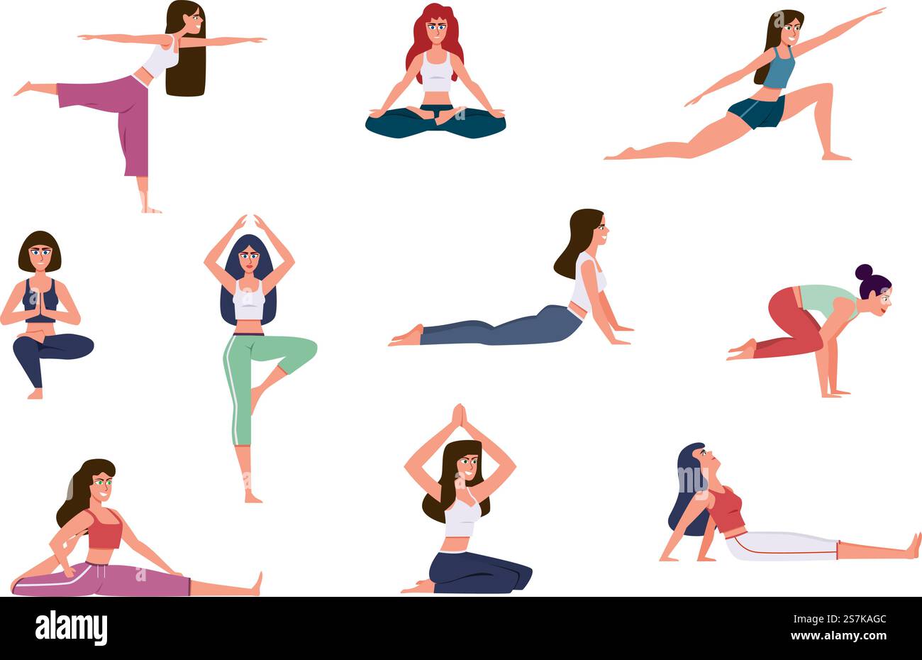 Yoga characters. Women doing yoga exercises, warming up and stretching ...