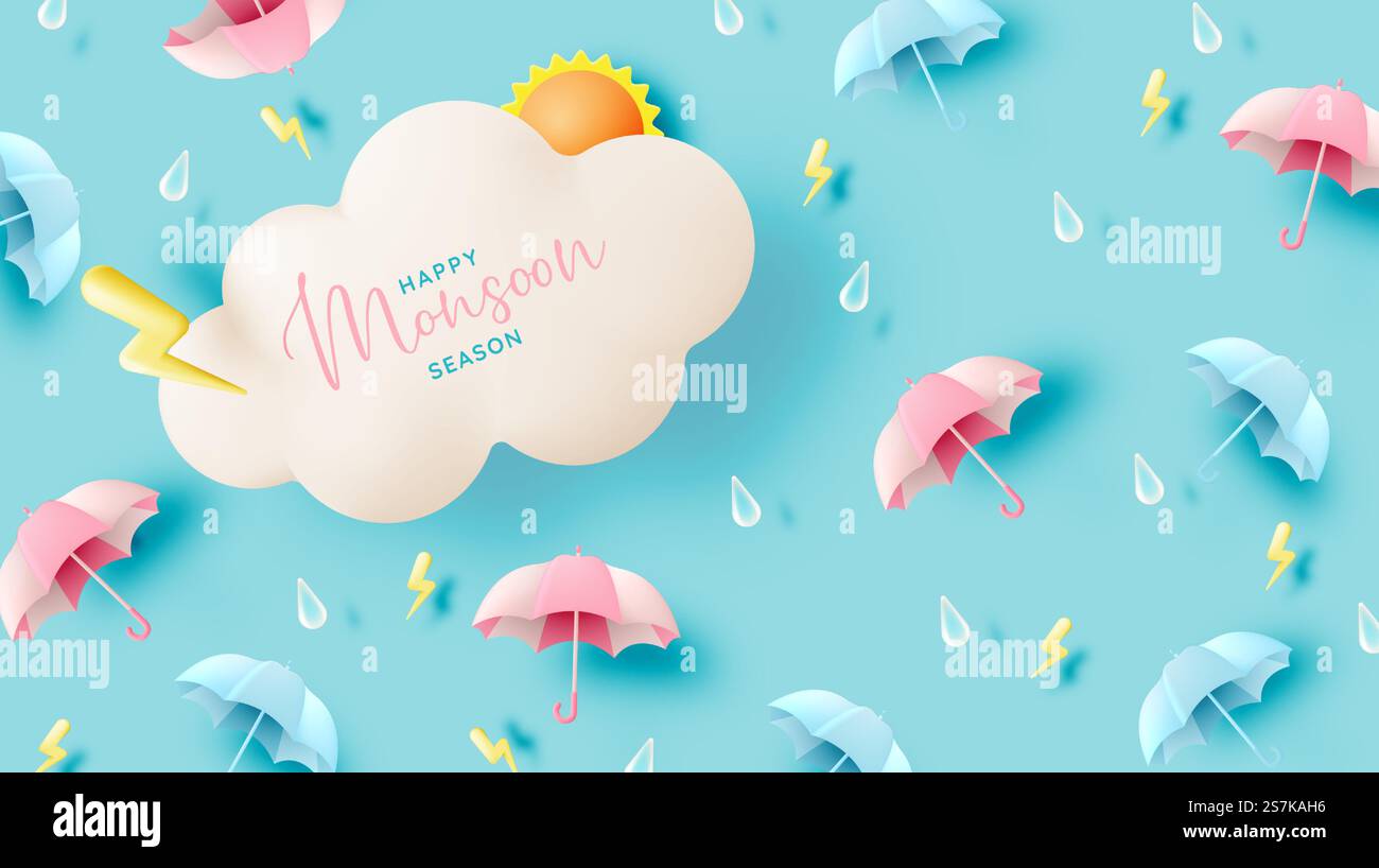Monsoon season icons with umbrella rain drop cloud and lighting flash ...
