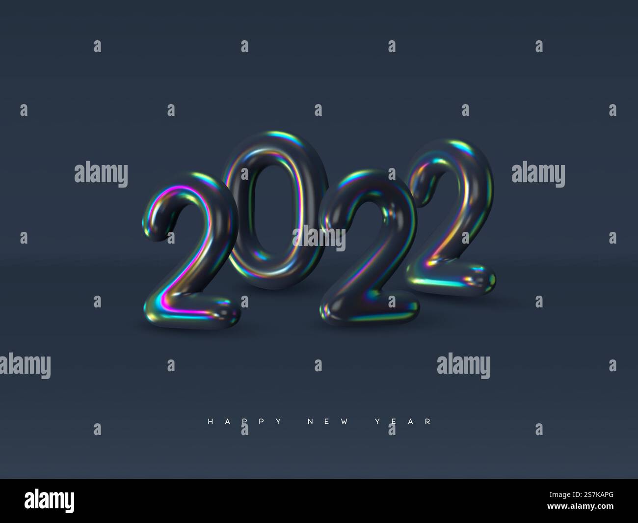 2022 New Year sign. 3d metallic iridescent numbers on dark background. Thin film effect. Vector ...