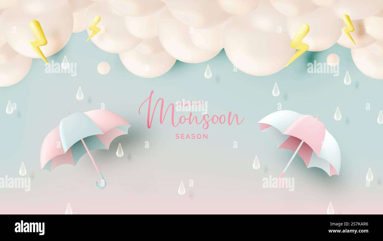 Monsoon season banner sale with pastel color scheme and paper art style vector illustration ...
