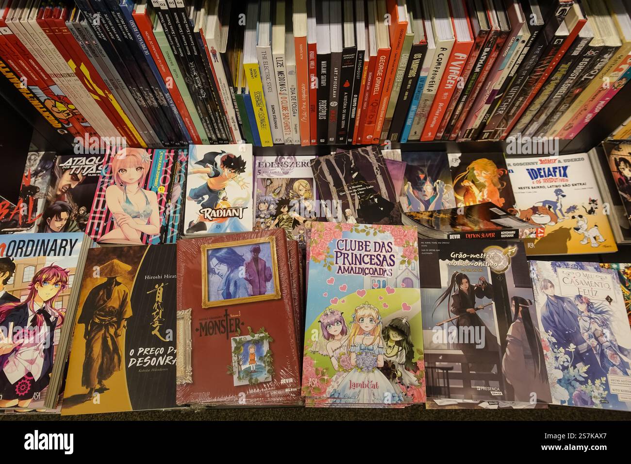 A selection of manga and comic books written in Portuguese displayed ...