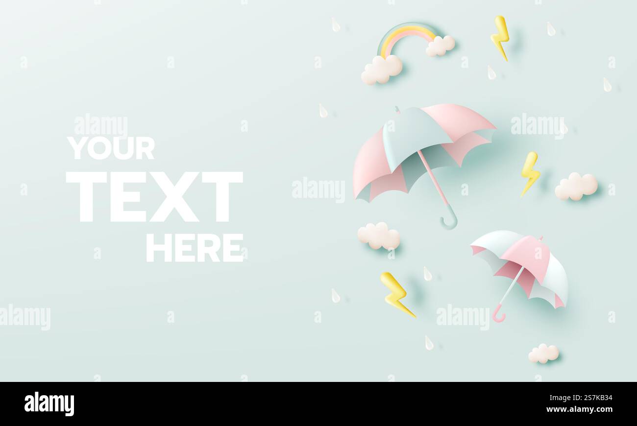 Monsoon season icons with umbrella rain drop cloud and lighting flash ...