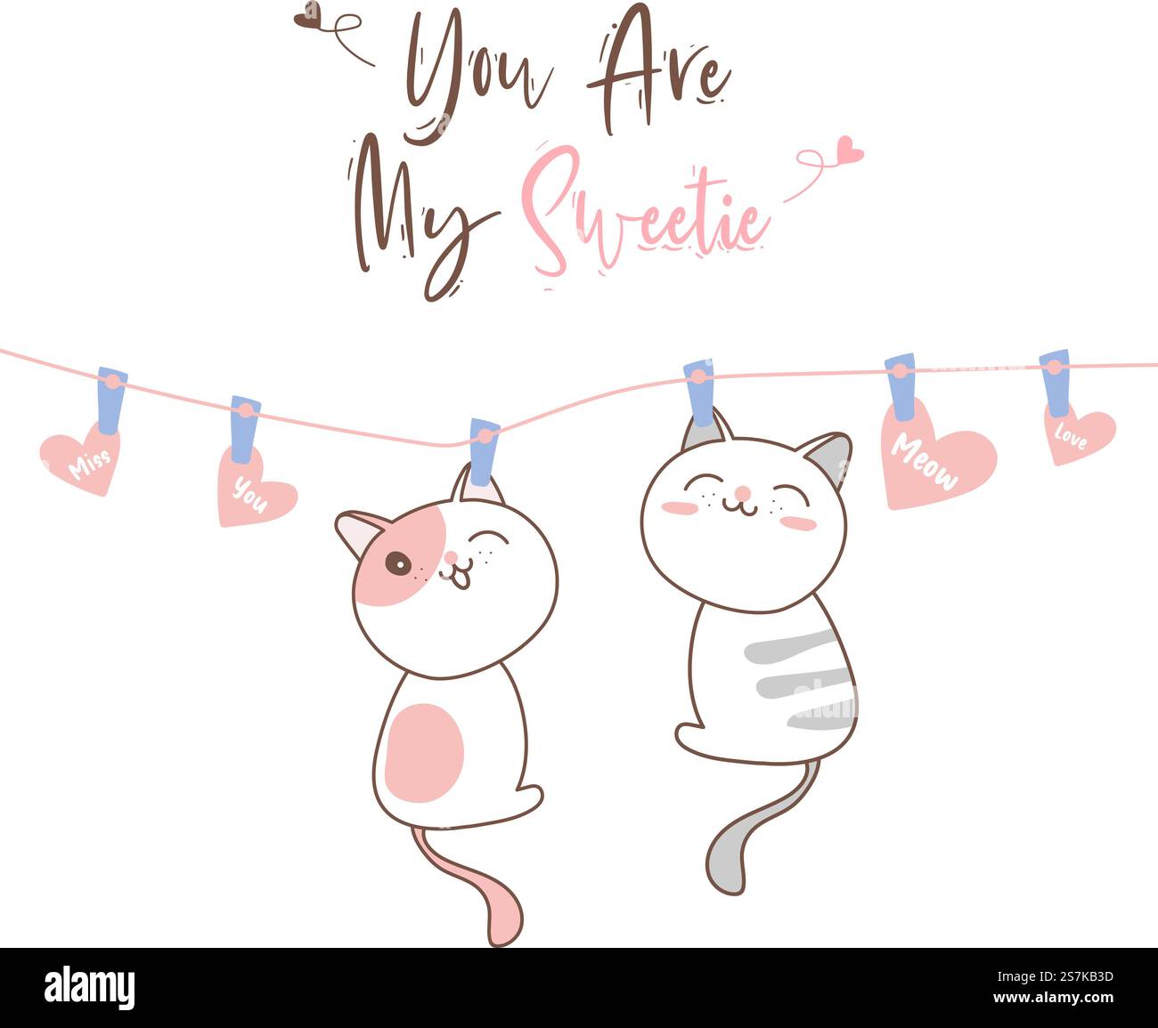 cute cats hanging on a rope, Design for valentine’s day, hand drawn ...