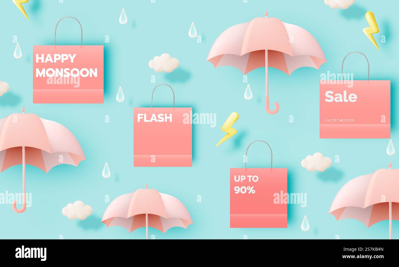 Cute umbrella for monsoon season with pastel color scheme and paper art ...