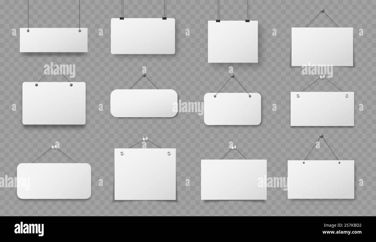 Hanging sign. Realistic blank paper signboards with rope, information ...