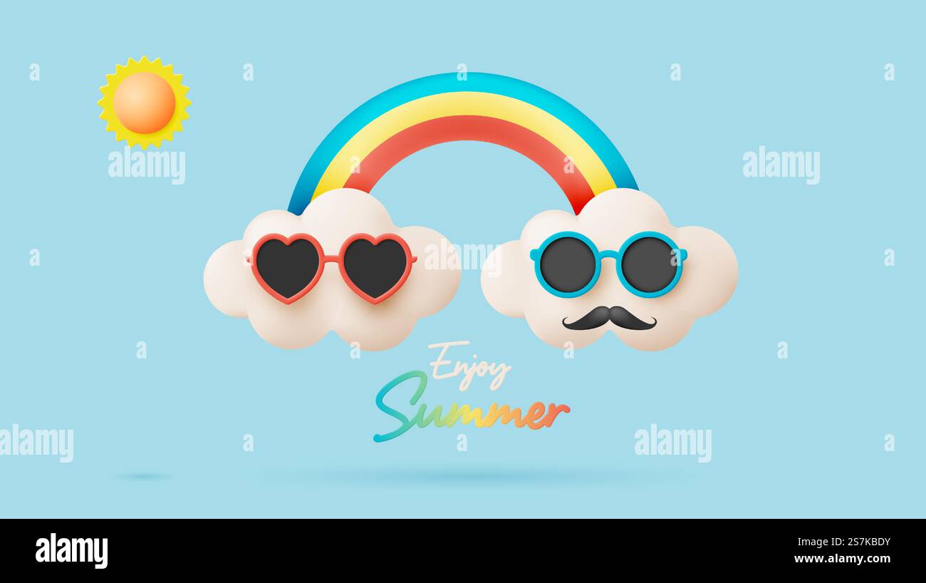 Hello summer with cute sunny and cloud in 3d paper art style background ...