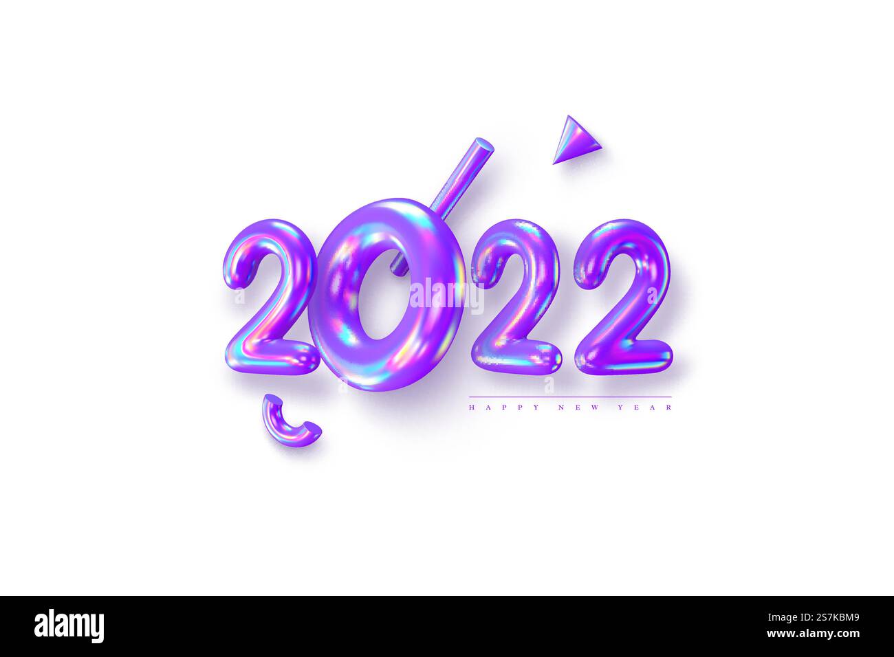 2022 New Year sign. 3d metallic iridescent numbers with primitives on white background. Thin ...