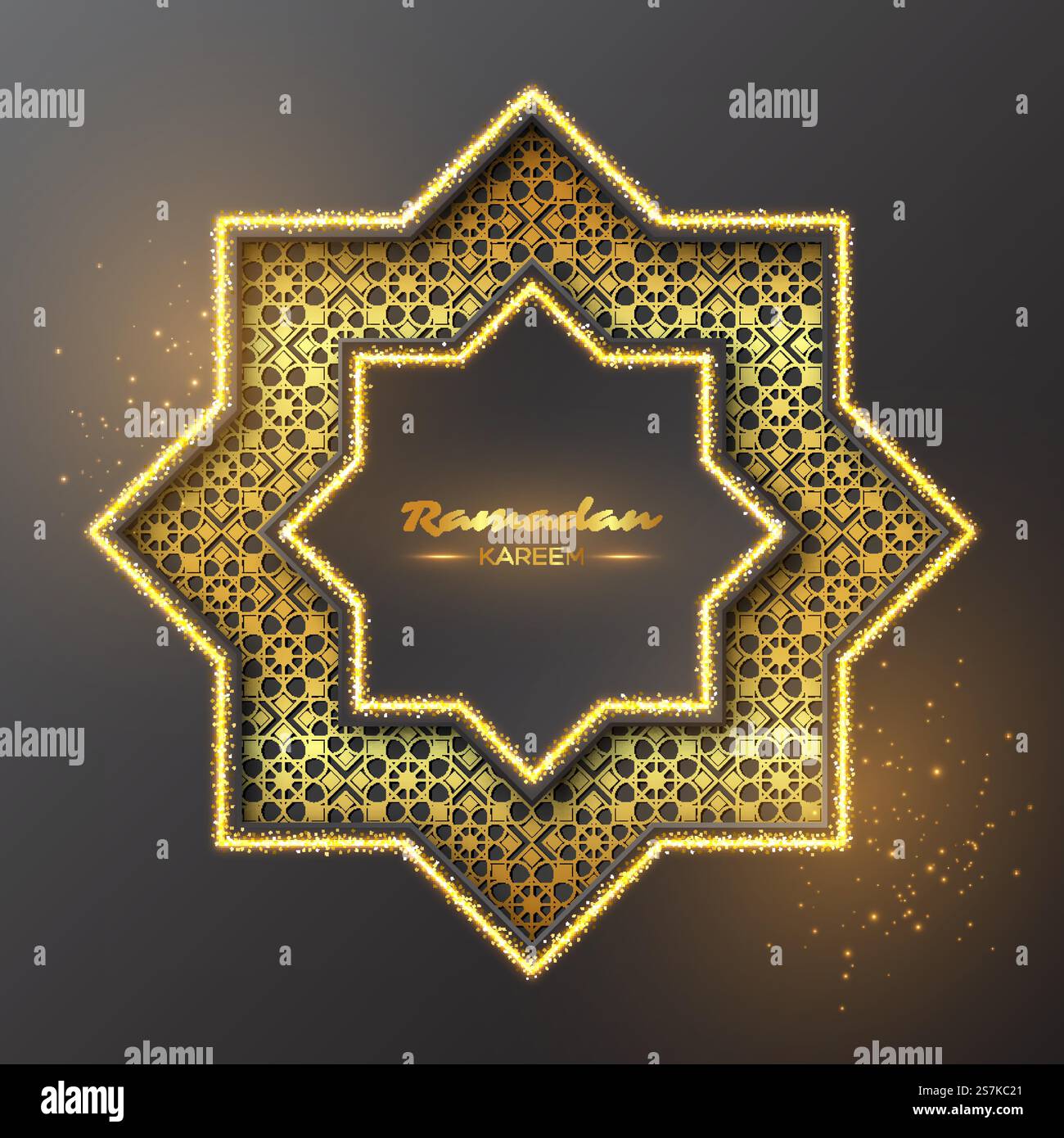 Ramadan Kareem glitter octagon. Holiday design with glowing lights and ...