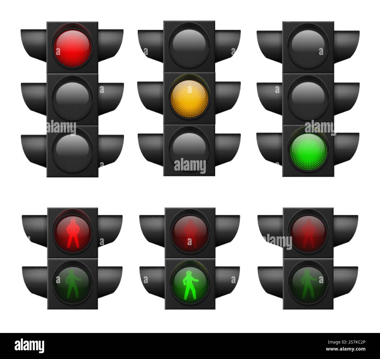 Realistic traffic light. Led lights red, yellow and green, crosswalk ...