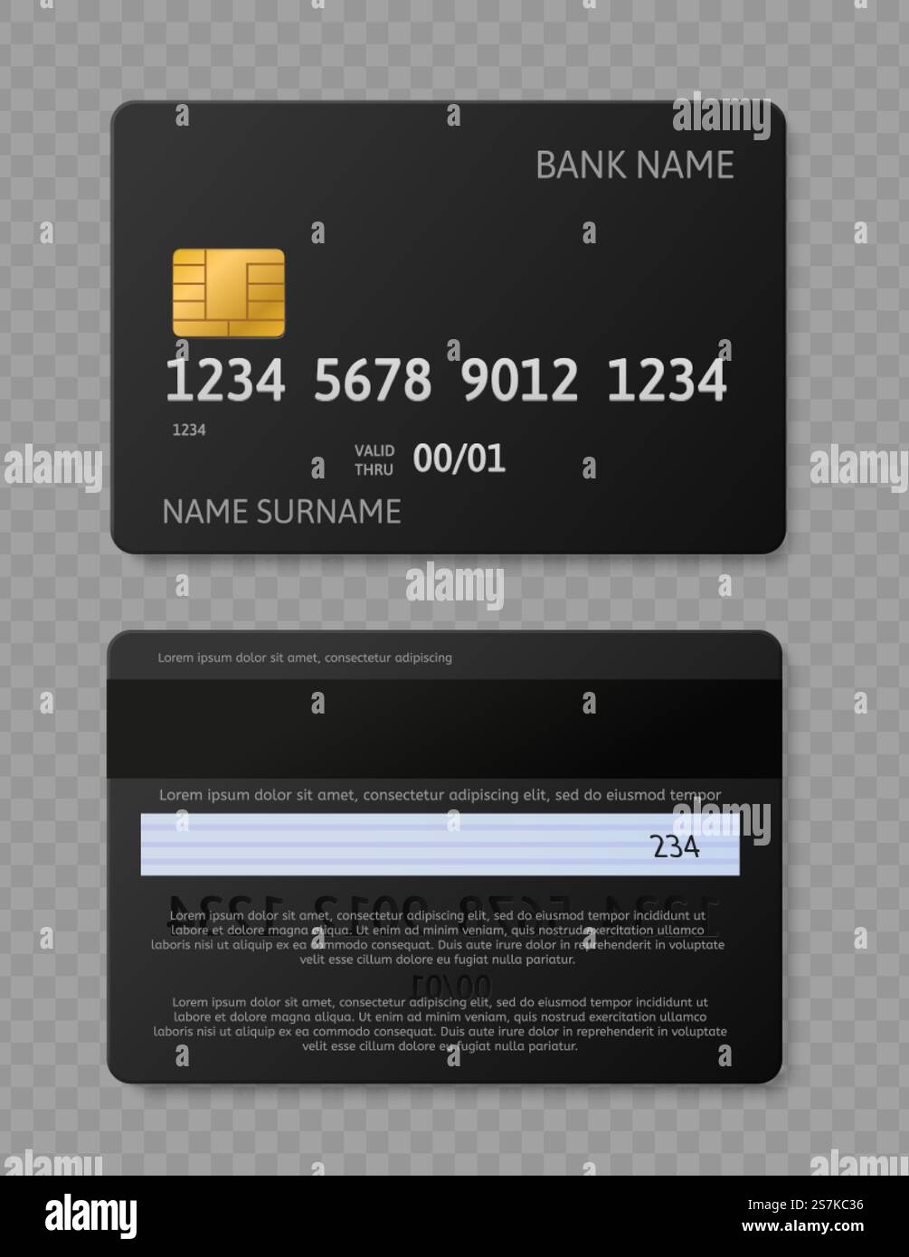 Black credit card. Realistic credit debit cards with chip, front and back side mockup for bank ...