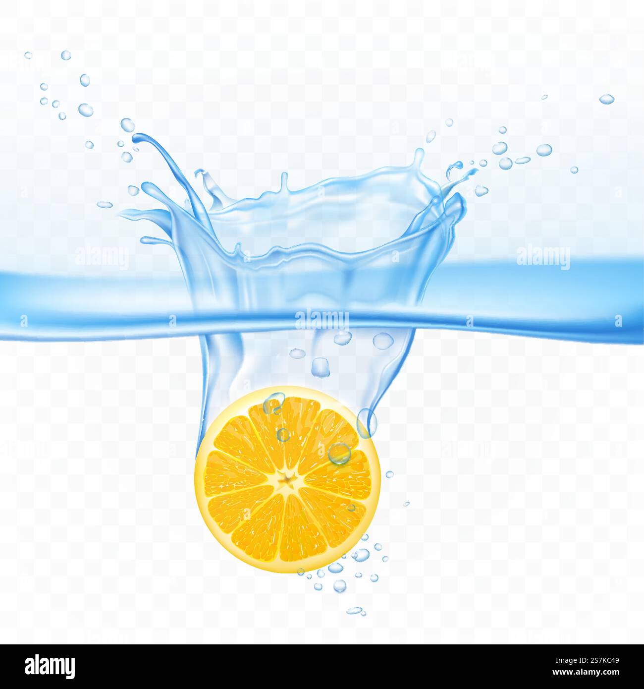 Lemon in water splash explosion isolated on transparent background. Citrus fruit under aqua ...