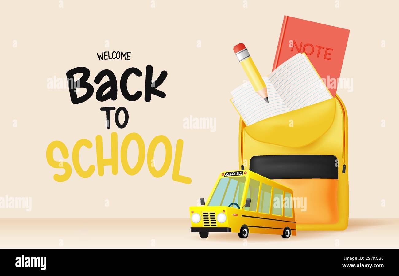 School bus 3D art style with school supplies vector illustration Stock ...