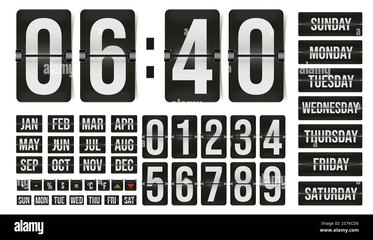 Flip flap clock number, calendar day, month, calculator sign. Analog counter, scoreboard panel ...