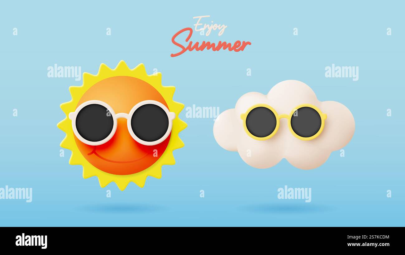 Hello summer with cute sunny and cloud in 3d paper art style background ...