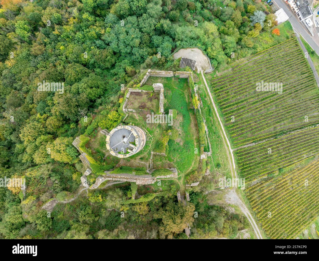 Aerial view of Furstenberg castle over the Rhine river near ...