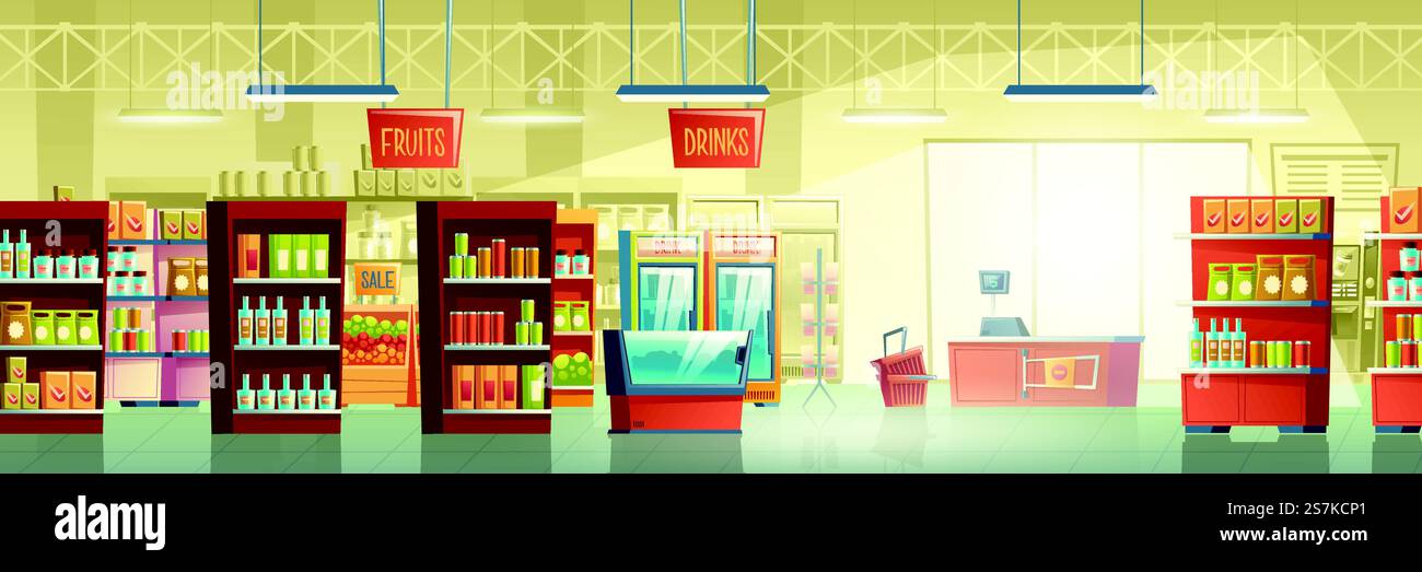 Supermarket or big grocery store trading room interior cartoon vector ...