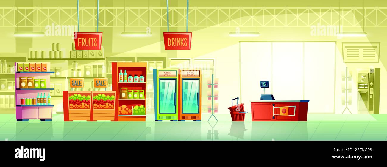 Vector background of empty supermarket at morning, lines with ...