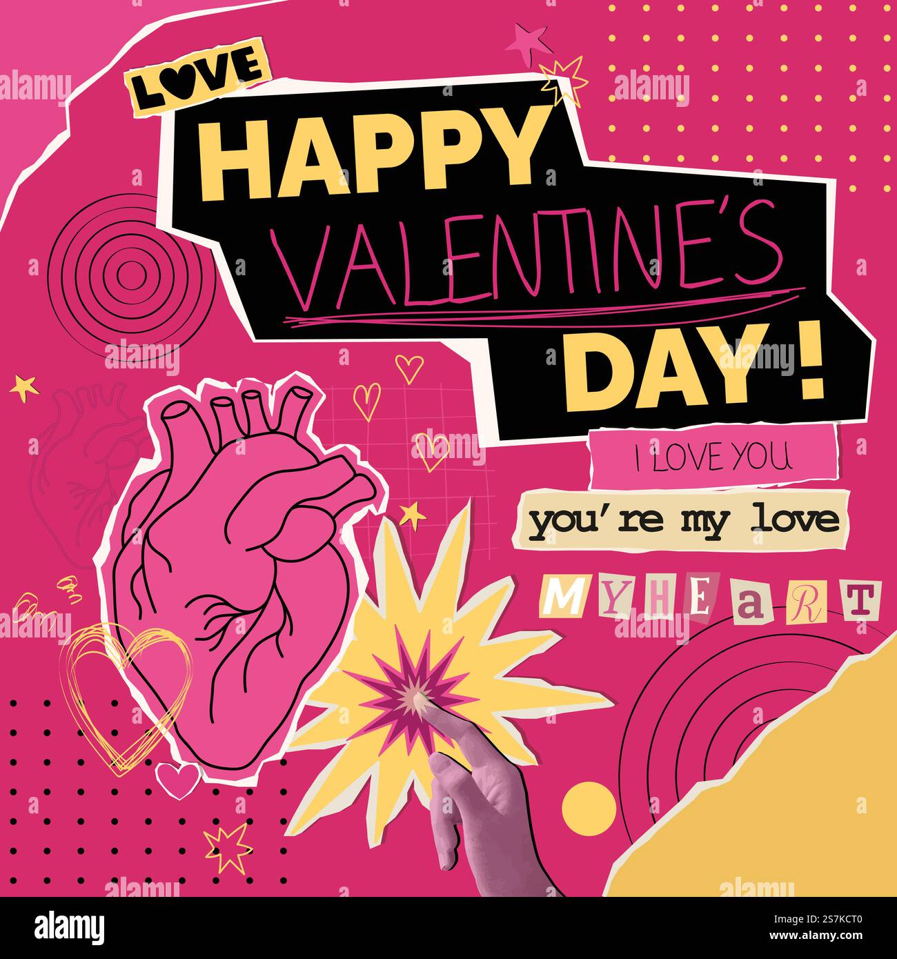 Collage Happy Valentine Day card with vibrant heart designs. Vector ...