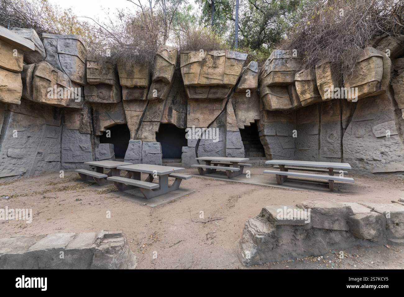 View of former animal enclosures at the historic Griffith Park old zoo picnic area in Los ...